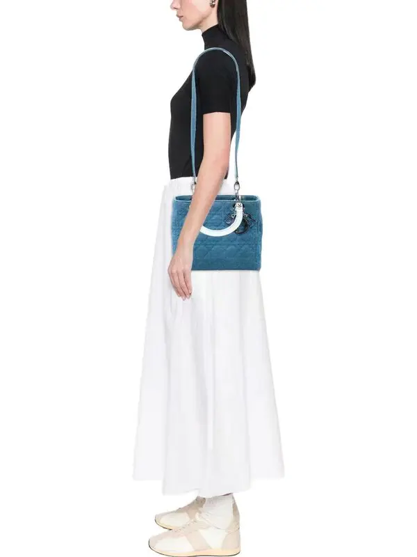 Dior 1999 Medium Denim Cannage Acrylic Handles Lady Satchel - Blue