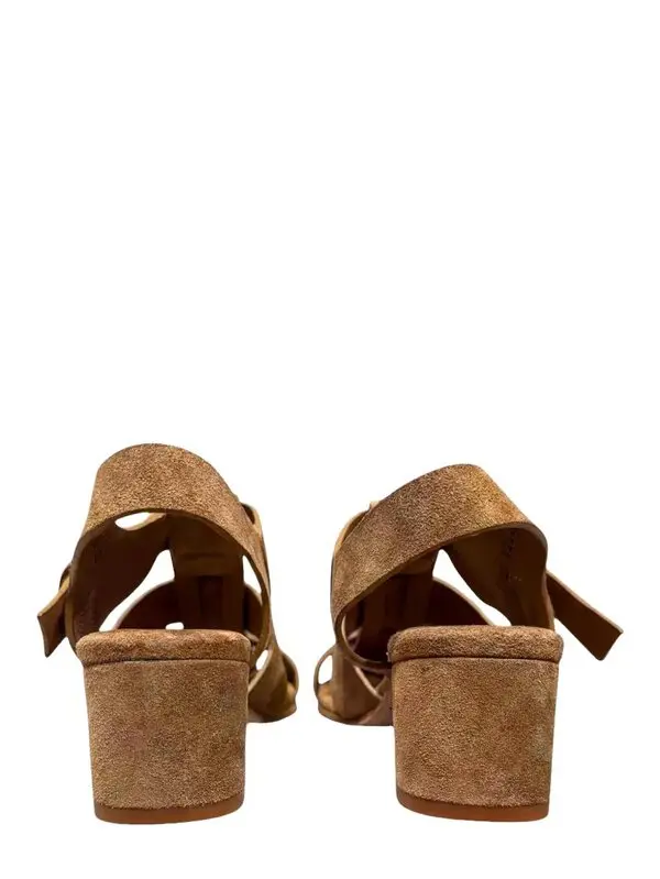 CALCE Suede Leather Buckle-fastening Block Heel Sandals - Brown