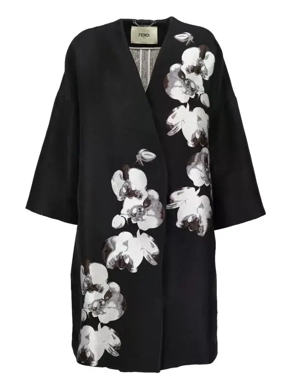 Fendi Floral Print V-neck Coat - Black