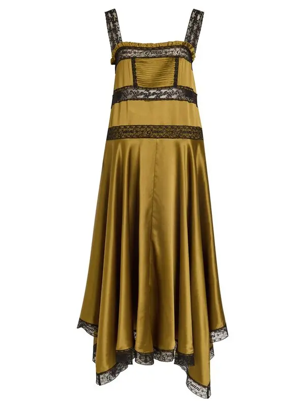GANNI Lace-trim Satin Midi Slip Dress - Olive