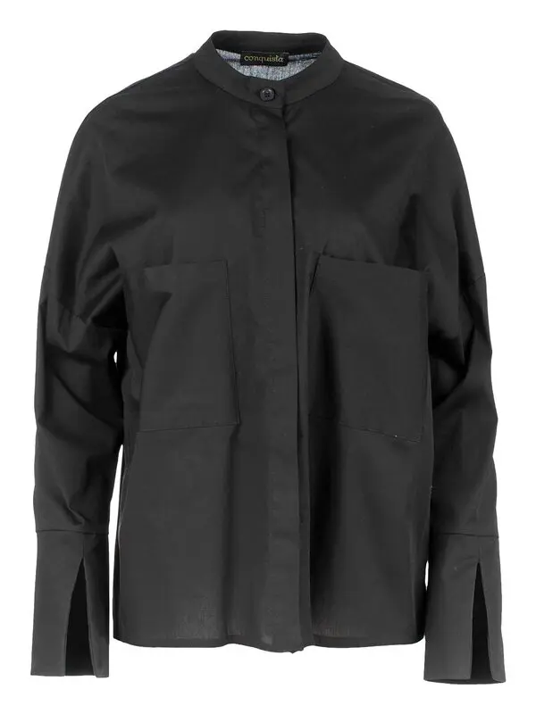 CONQUISTA Mandarin Collar Drop Shoulder Shirt - Black
