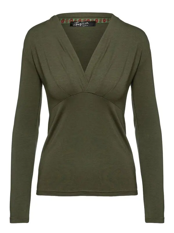 CONQUISTA Long Sleeve Faux Wrap Top In Stretch Jersey - Yellow