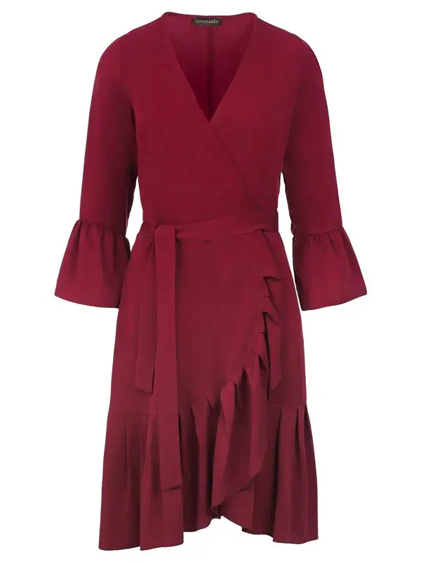 CONQUISTA Viscose Wrap Dress With Bell Sleeves - Red