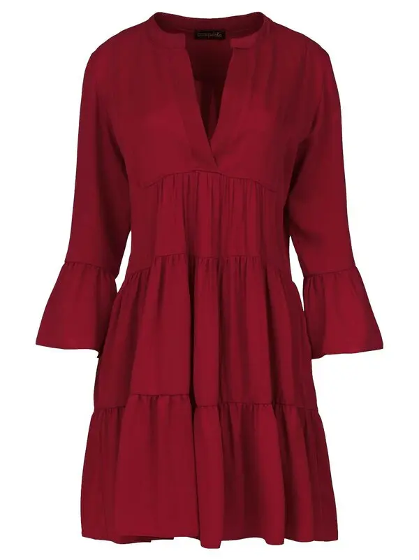 CONQUISTA Wine Viscose Gathered Seam Dress - Red
