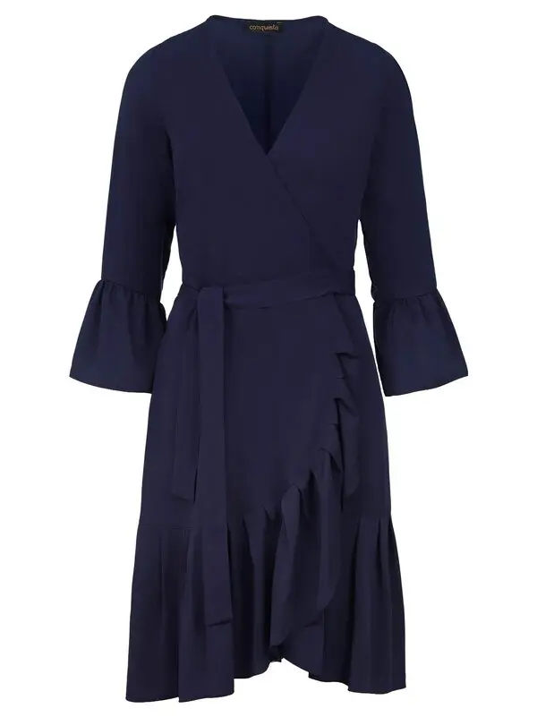 CONQUISTA Viscose Wrap Dress With Bell Sleeves - Blue