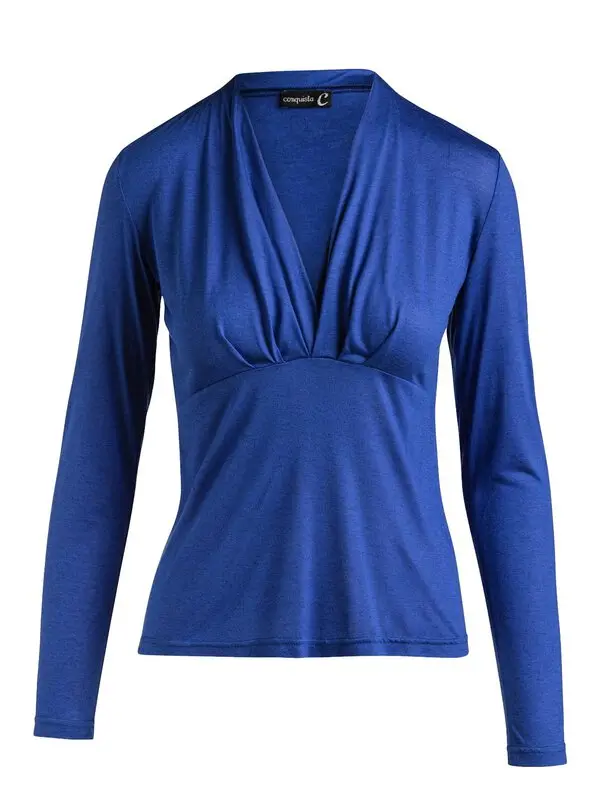 CONQUISTA Cashmere Blend Faux Wrap Top - Blue