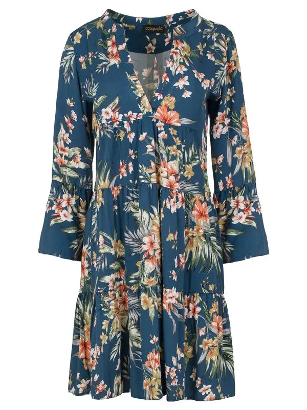 CONQUISTA Floral A-line Dress With Bell Sleeves - Blue