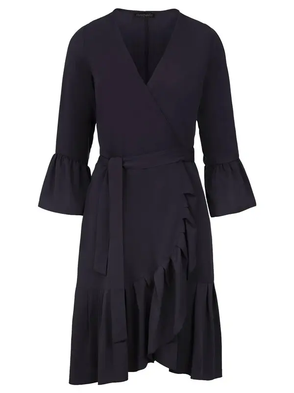 CONQUISTA Viscose Wrap Dress With Bell Sleeves - Black