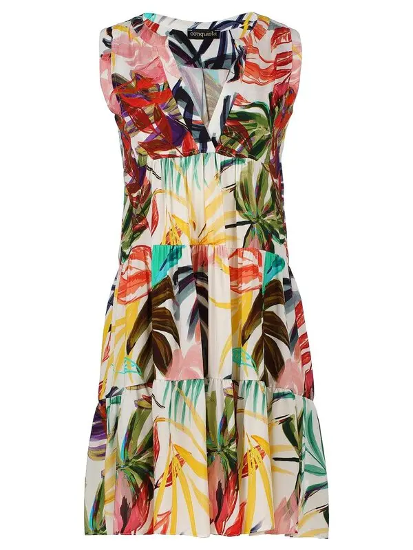 CONQUISTA Ecru Leaf Print Sleeveless Dress - Beige