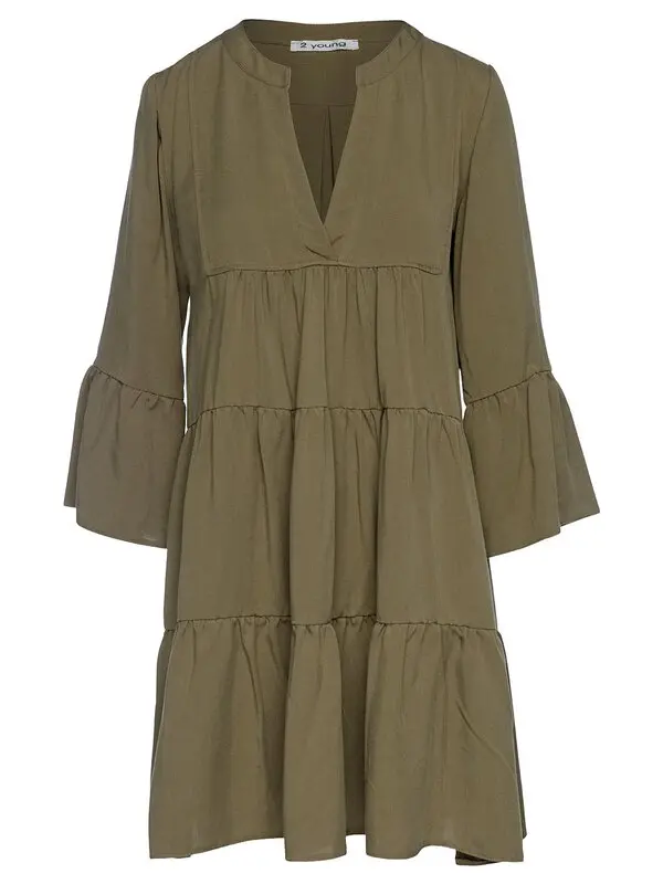 CONQUISTA Khaki Tencel Gathered Seams Dress - Green