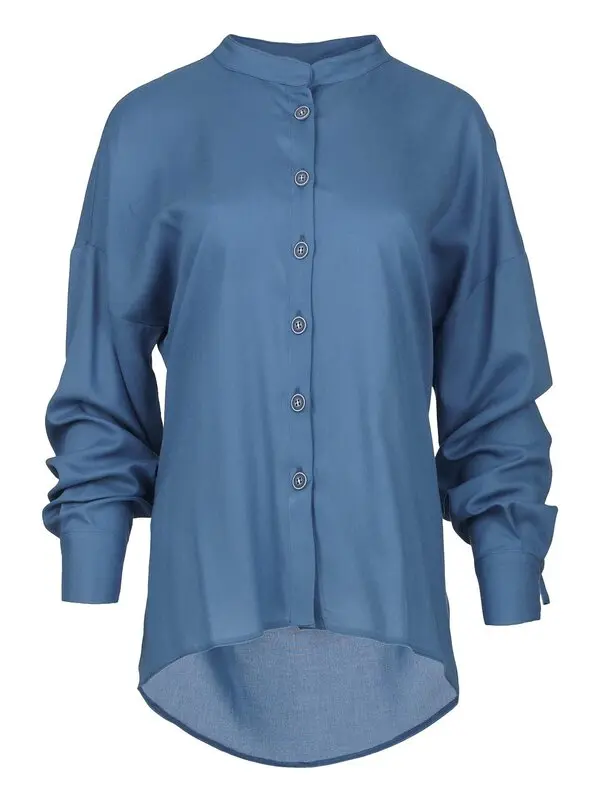 CONQUISTA Sky Blouse With Mandarin Collar - Blue