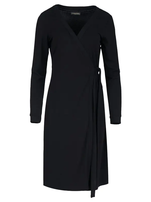 CONQUISTA Long Sleeve Stretch Viscose Midi Wrap Dress - Black