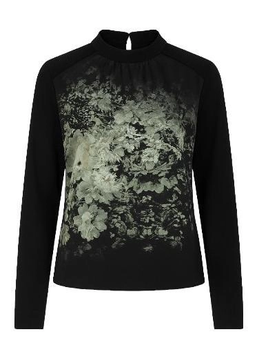 CONQUISTA Relaxed Long Sleeve Woven Top With Pleat Detail - Black