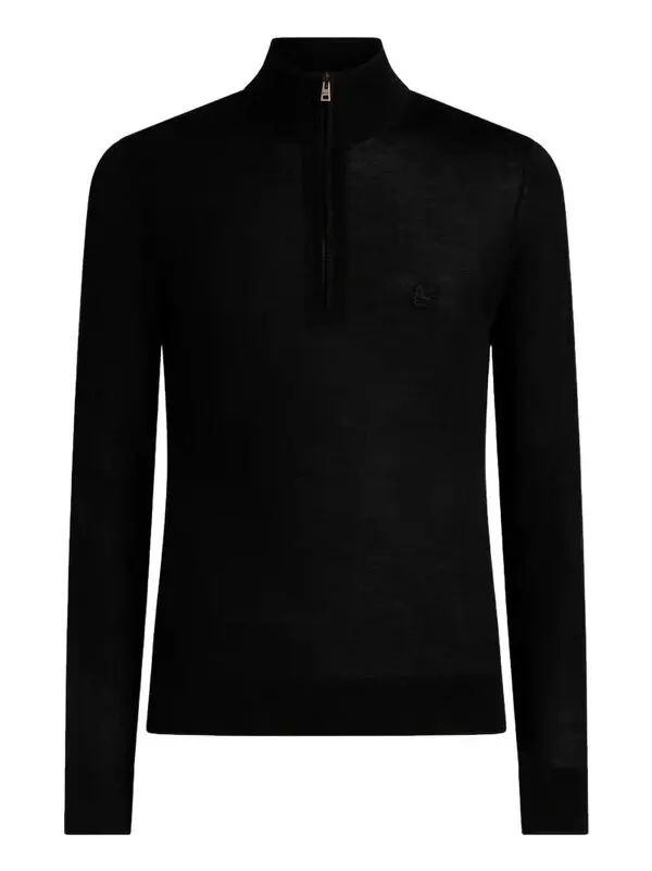 Etro Wool And Silk Sweater With Zip And Pegaso Embroidery - Black