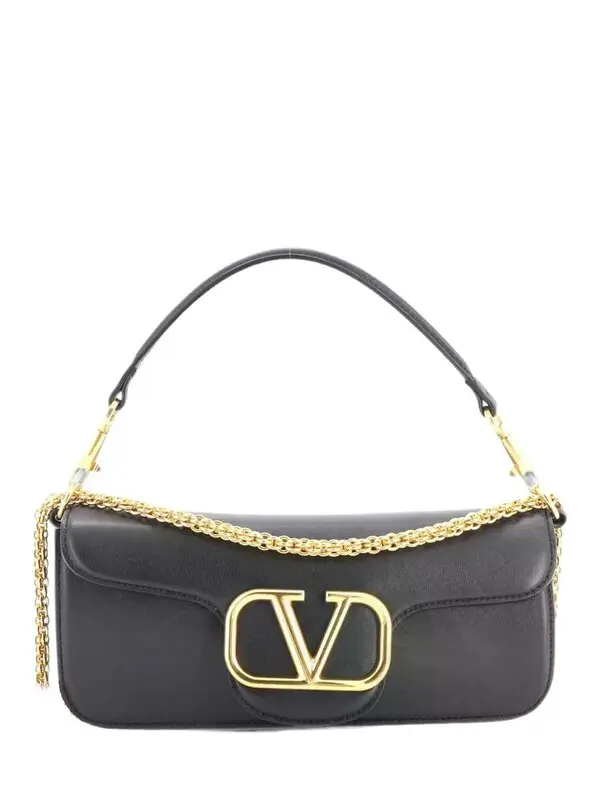 Valentino Garavani Vlogo Loco Flap Shoulder Bag Leather Medium Clutch Bag - Black