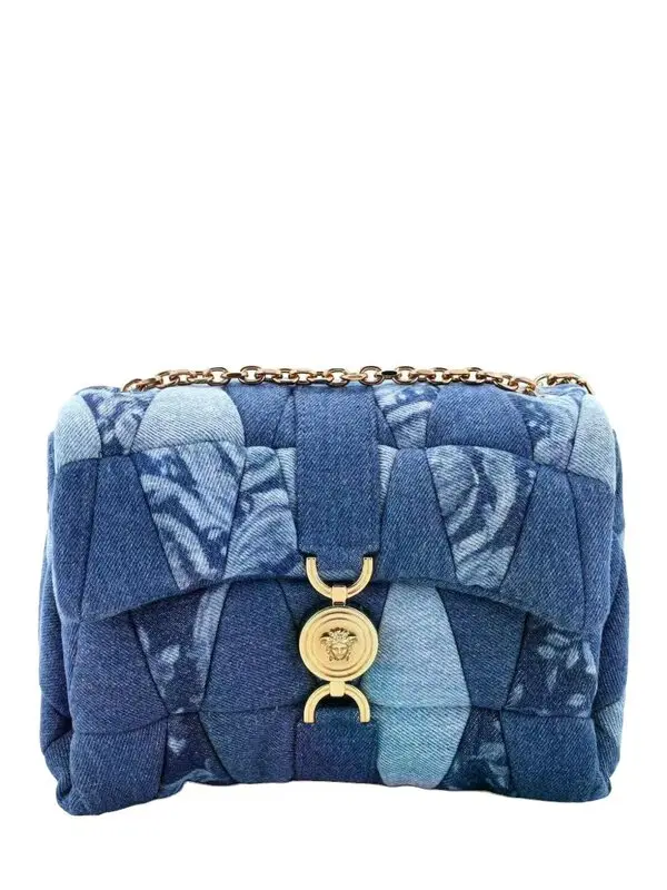 Versace Medusa Chain Flap Patchwork Denim Shoulder Bag - Blue