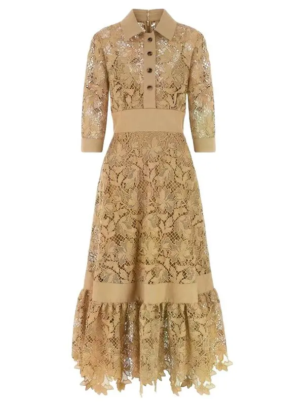 Elie Saab Floral Macramé Ruffled Midi Dress - Neutrals