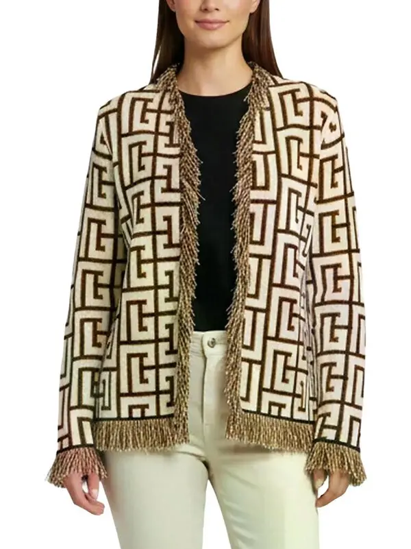 Balmain Monogram Jacquard Fringed Cardigan - Neutrals
