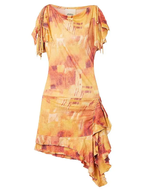 Isabel Marant Étoile Janick Printed Cotton Jersey Dress With Fringes - Orange