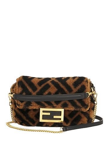 Fendi Shearling Vitello Dolce Macro Ff 1974 Mini Baguette Shoulder Bag - Brown