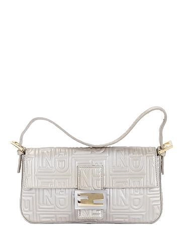 Fendi Logo Embossed Baguette Shoulder Bag - Silver