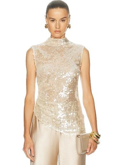 Lapointe Mesh Sequin Mockneck Top - Ecru