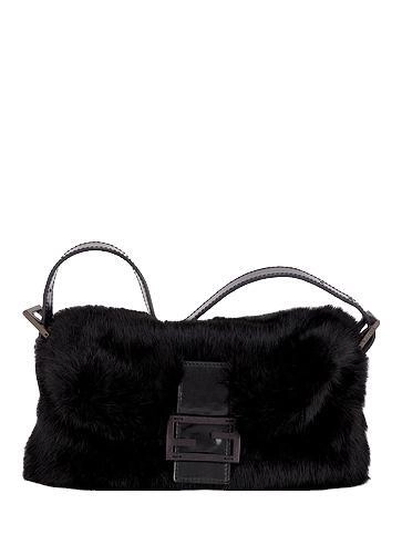 Fendi Rabbit Fur Baguette Shoulder Bag - Black