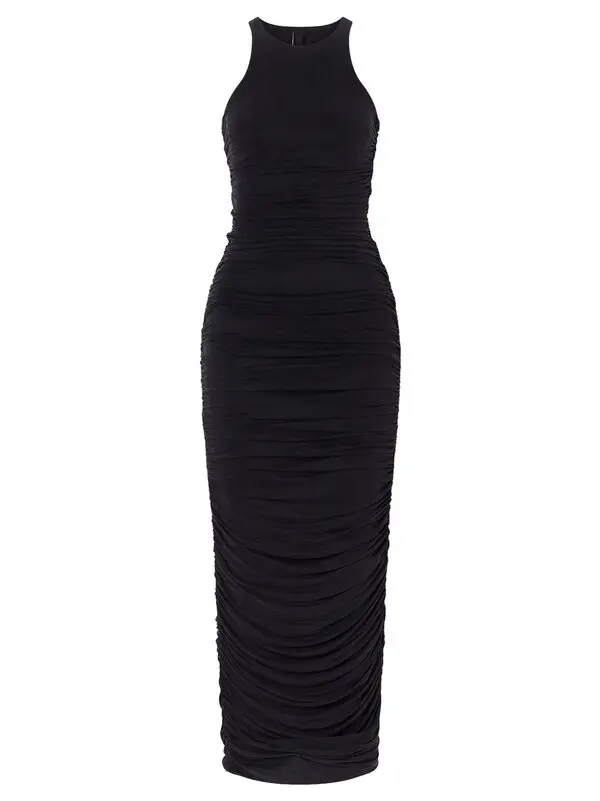 SKIMS Long Ruched Stretch Cupro-jersey Wrap Maxi Dress - Black