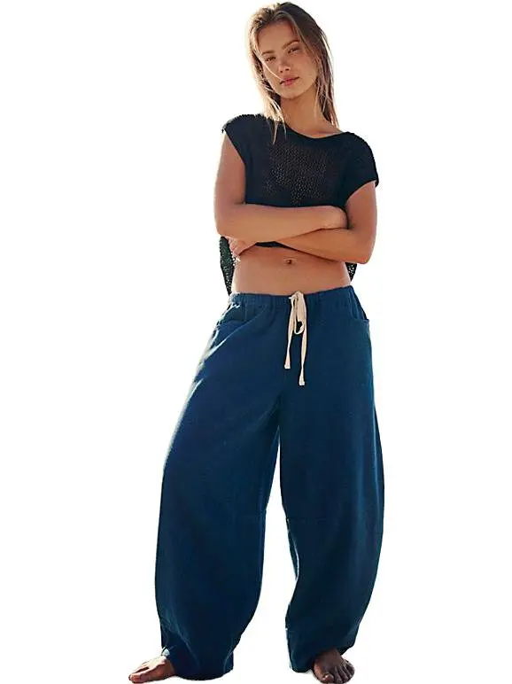 Free People Beach Ease Textured Cotton Barrel Pants - Poseidon