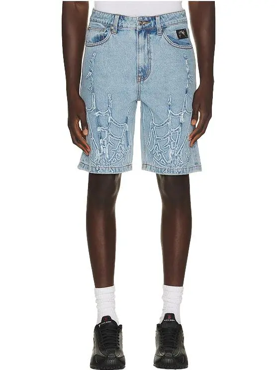 REVENGE Spider Web Denim Shorts In . Also - Blue