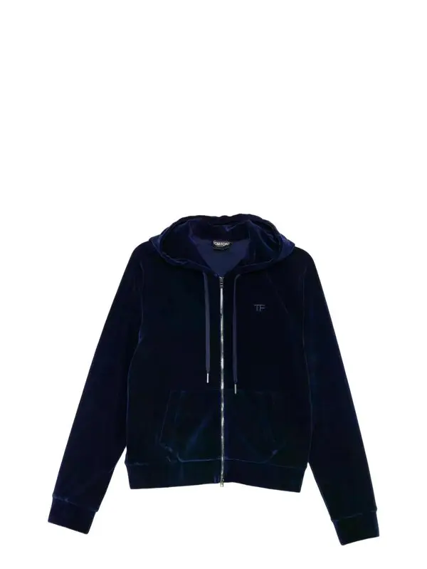TOM FORD Velour Tonal Tf Embroidered Zip Hoodie - Blue
