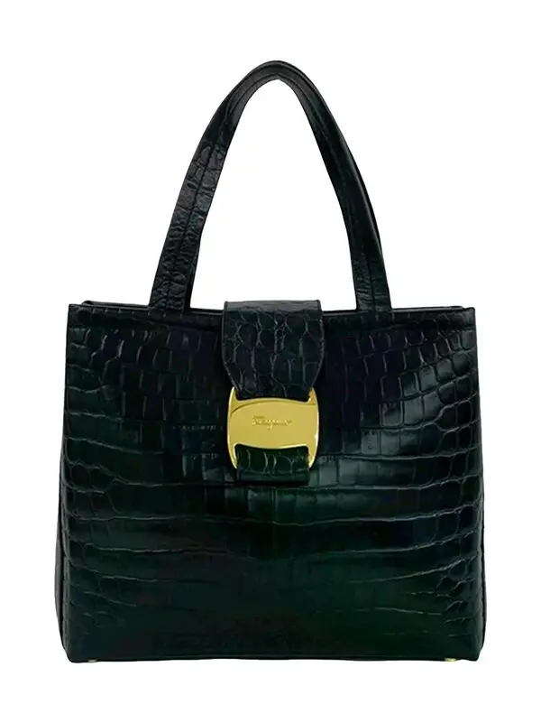 FERRAGAMO 2010-2026 Croc Embossed Leather Vara Bow Satchel - Black