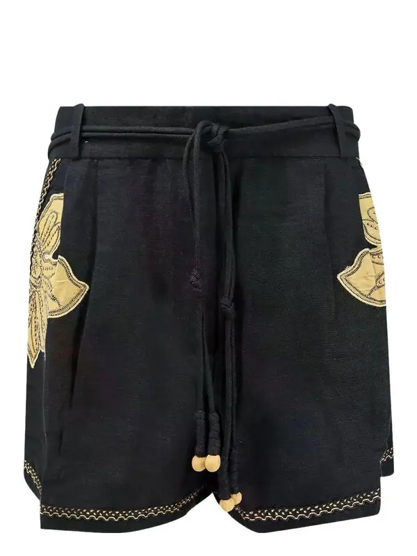 SCARLETT POPPIES Vareli Appliqué-detailed Linen Shorts - Black