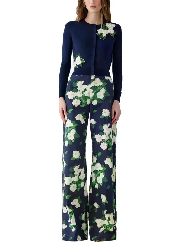 Carolina Herrera Floral-embroidered Sequin-embellished Cardigan - Blue