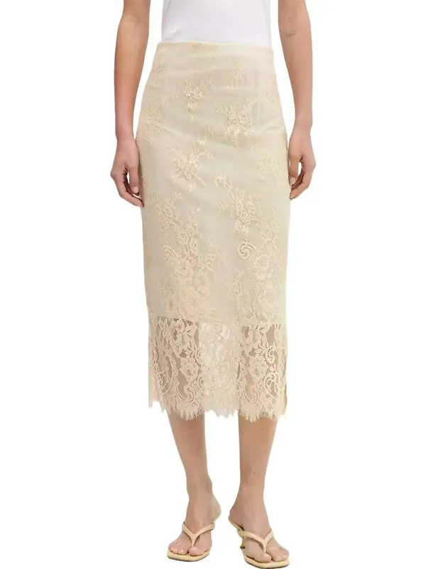 VICOLO Lace Overlay Side-slit Midi Skirt - Neutrals