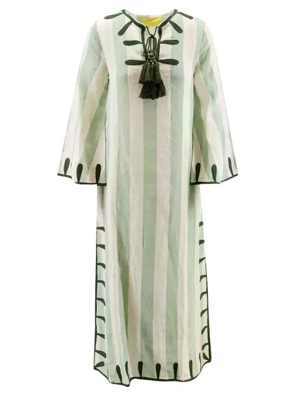 PHILIPPA 1970 Striped Embroidered Linen Long Dress - Neutrals