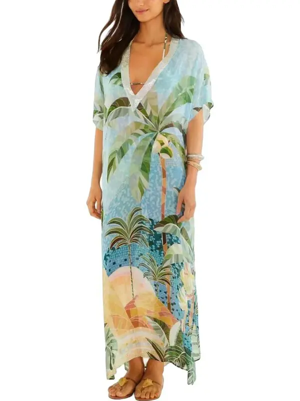 Farm Rio Embroidered Side-slits Maxi Kimono - Blue