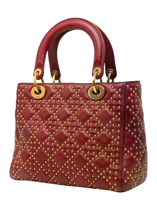 Dior 2017 Medium Lambskin Cannage Studded Supple Lady Satchel - Red