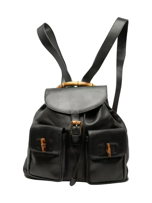 Gucci 20th Century Calfskin Bamboo Drawstring Backpack - Black