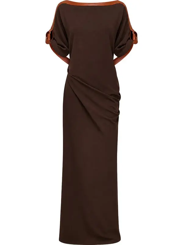 FERRAGAMO Ruched Crepe Maxi Dress - Brown