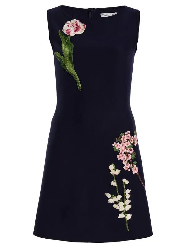Oscar De La Renta Embroidered Wool A-line Mini Dress - Navy