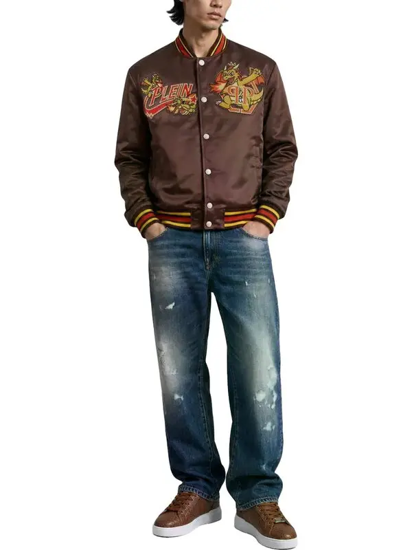 Philipp Plein Dragon Embellished Satin Bomber Jacket - Brown