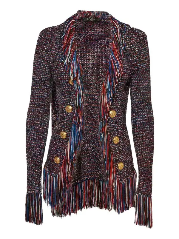 Balmain Button-embellished Fringed Knit Jacket - Red