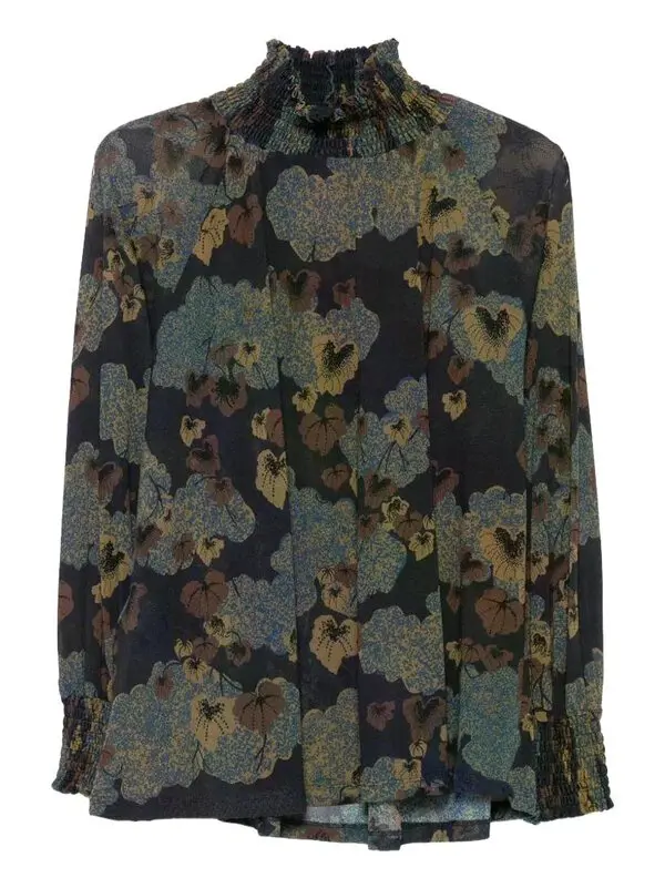 SIYU Floral Print Smocked Neck Blouse - Blue