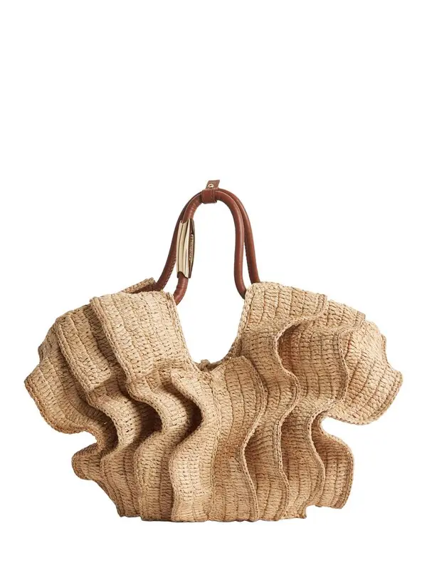 Zimmermann Small Raffia Goldentime Ruffle Tote Bag - Beige