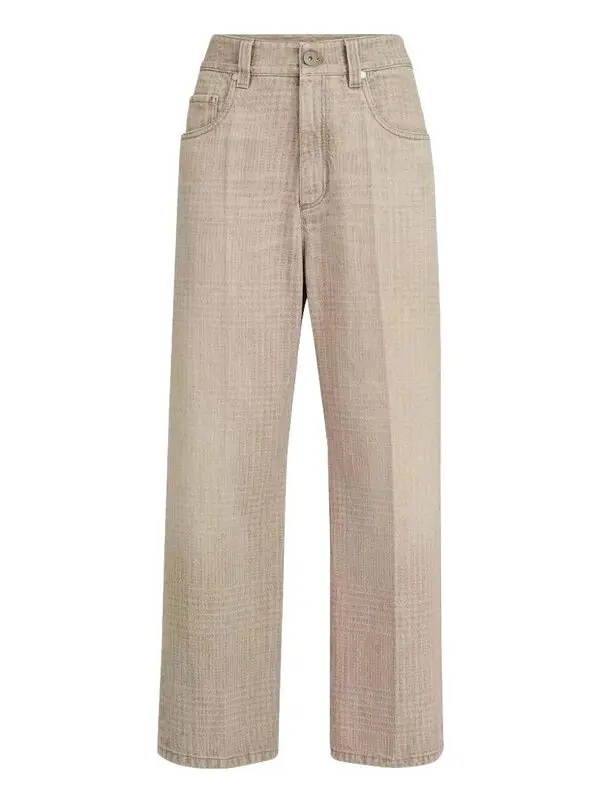 Brunello Cucinelli Prince Of Wales Denim Contemporary Square Trousers With Monili - Neutrals
