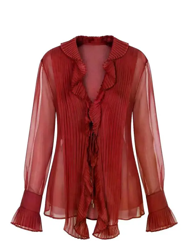 Alberta Ferretti Ruffled Pleated Silk Blouse - Red