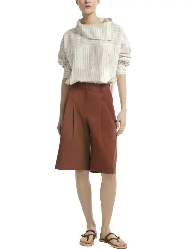 YVES SALOMON Pleated Cotton Bermuda Shorts - Brown