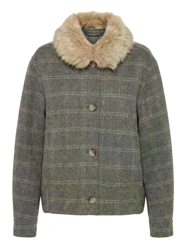 TWINSET Double Check Wool Caban Coat With Faux Fur - Grey