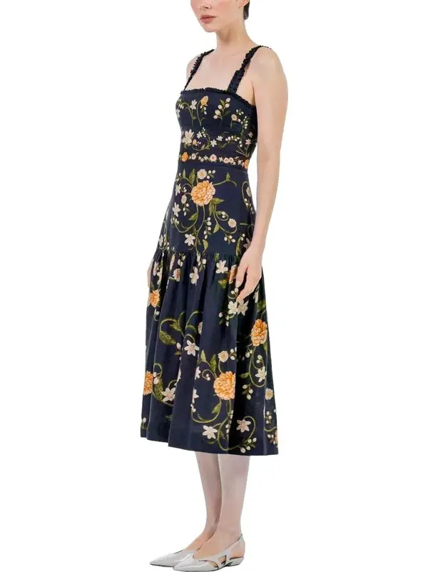 Agua Bendita Nispero Valle Embroidered Ruffled Midi Dress - Blue